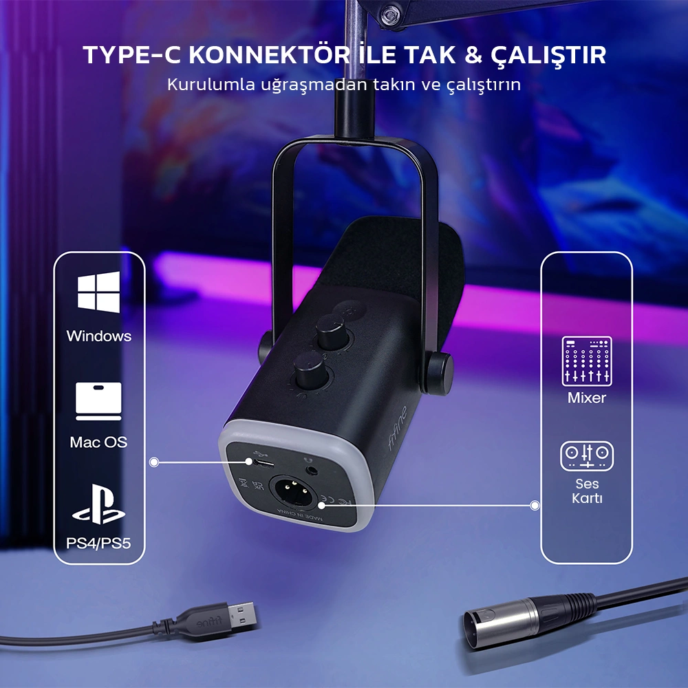 Fifine Ampligame AM8T USB Mikrofon Seti - RGB Dinamik Mikrofon